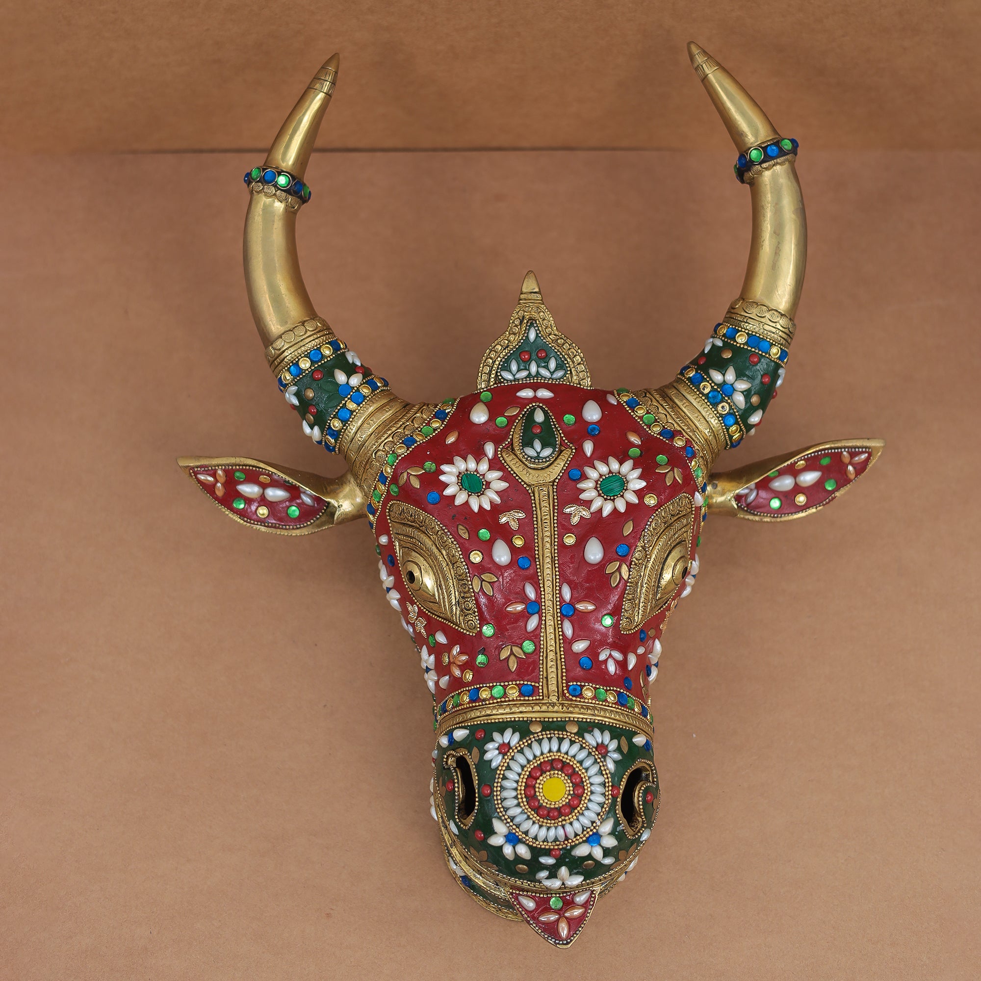 Premium Brass Cow Head/Nandi Face Wall Hanging With Meenakari Stone Wo